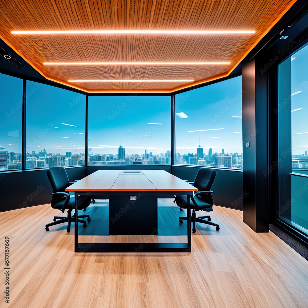 modern, futuristic office room with windows, workspace, cubicle ...