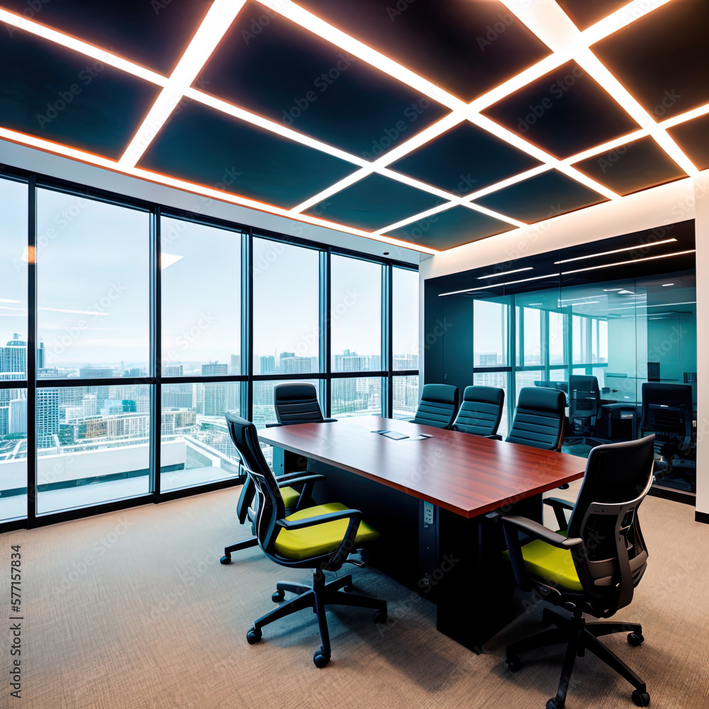 modern, futuristic office room with windows, workspace, cubicle ...
