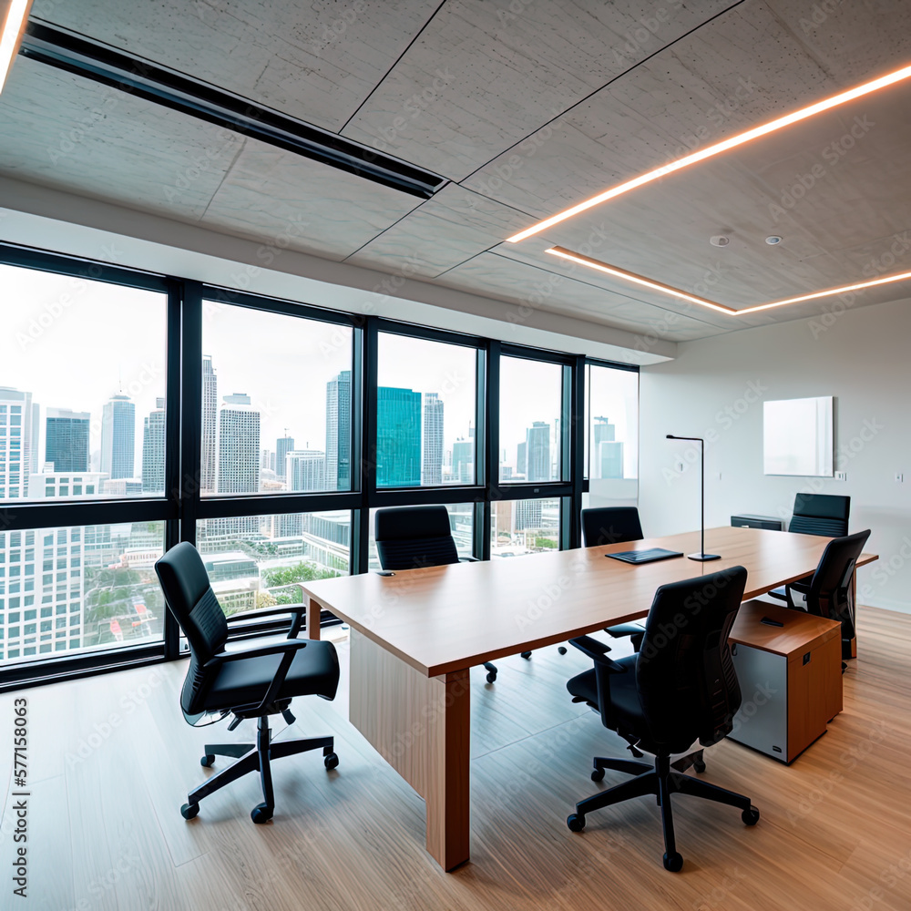 modern, futuristic office room with windows, workspace, cubicle ...
