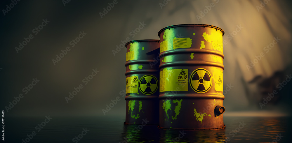 Yellow barrels for nuclear radiation waste floats on ocean. Concept ...