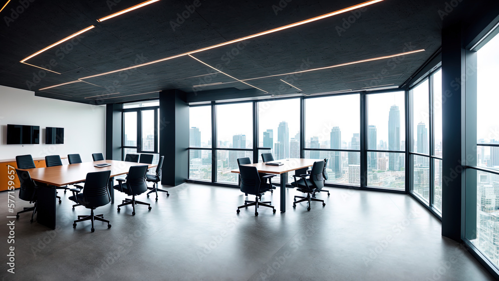 modern, futuristic office room with windows, workspace, cubicle ...