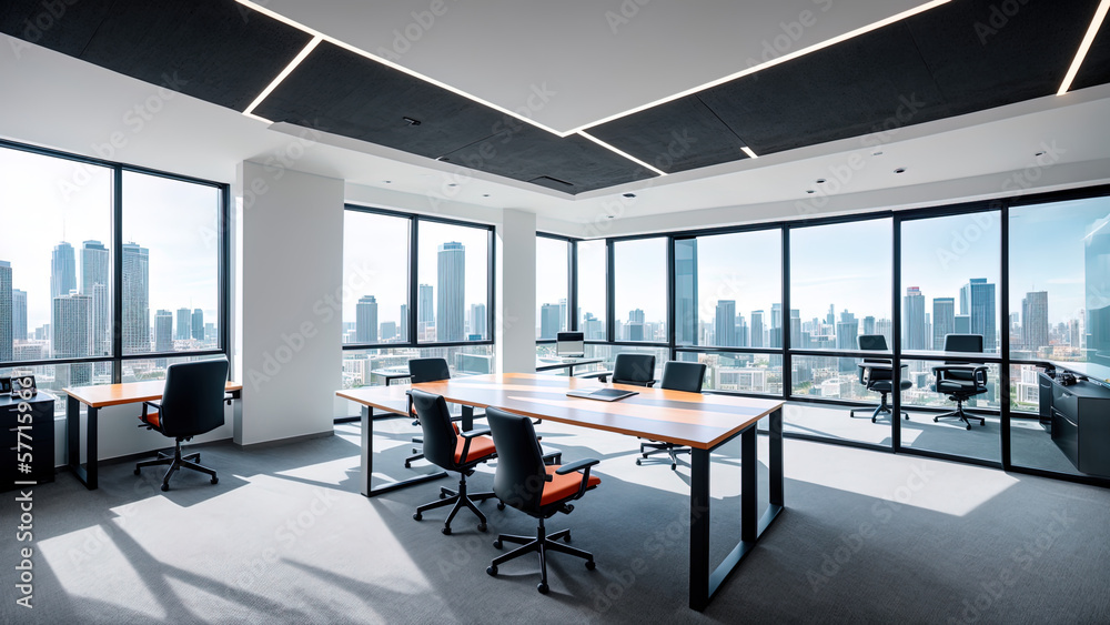 modern, futuristic office room with windows, workspace, cubicle ...
