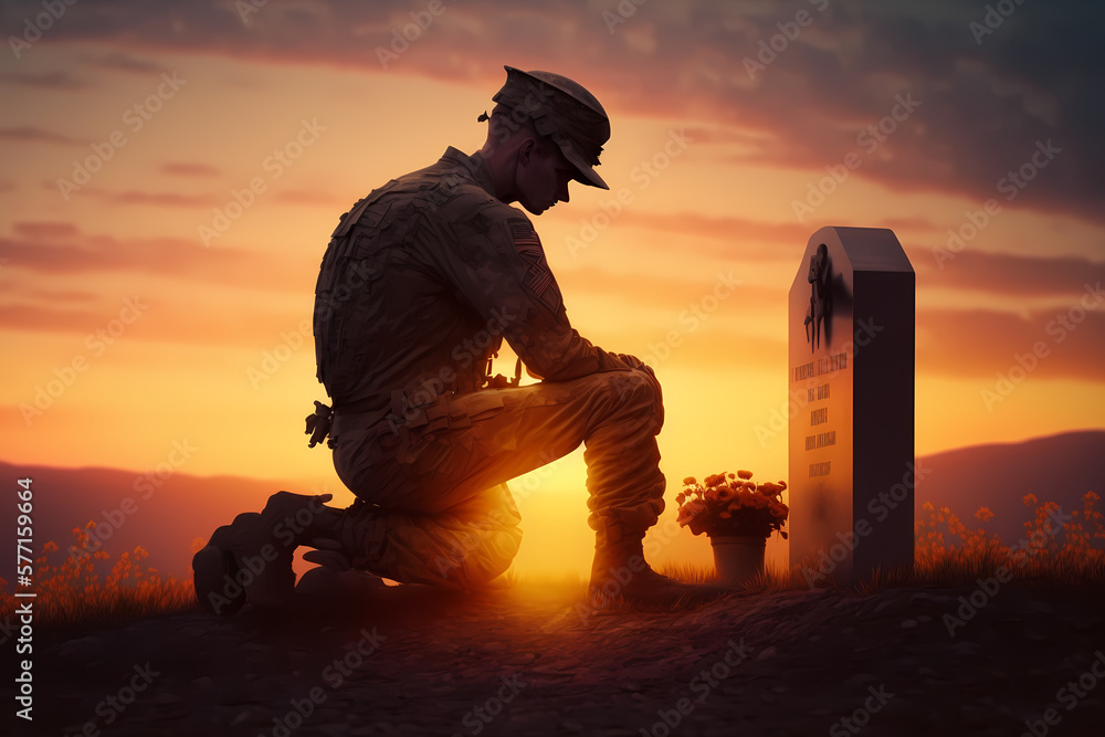Photo & Art Print Military man kneeling of grave fallen soldier, sunset, Adin