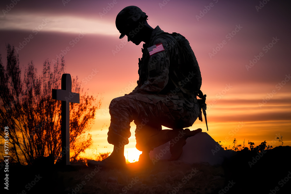 Military man kneeling of grave fallen soldier, sunset. Concept veteran ...