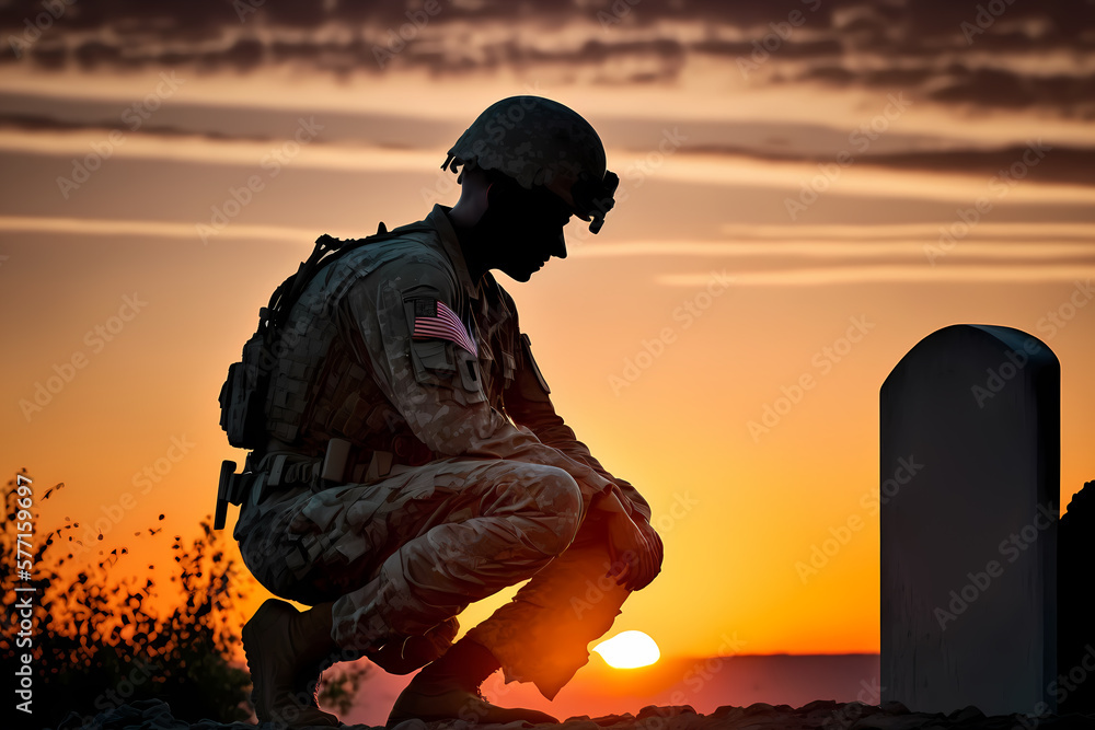Military man kneeling of grave fallen soldier, sunset. Concept veteran ...
