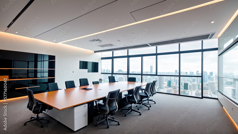 modern, futuristic office room with windows, workspace, cubicle ...