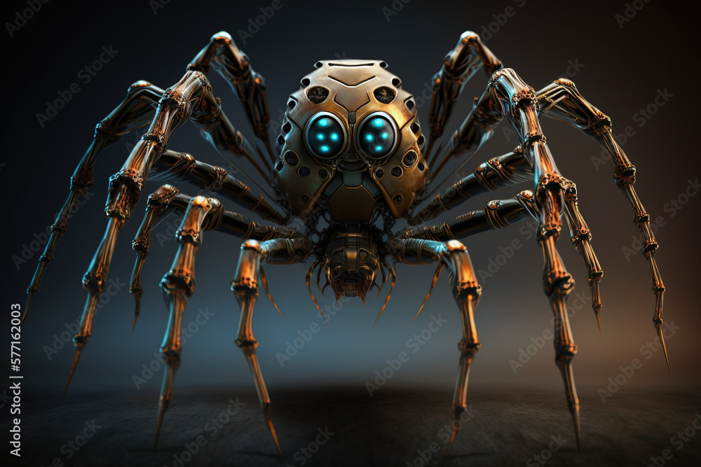 Spider cyborg with metal joints on legs. Dark background a scary spider ...