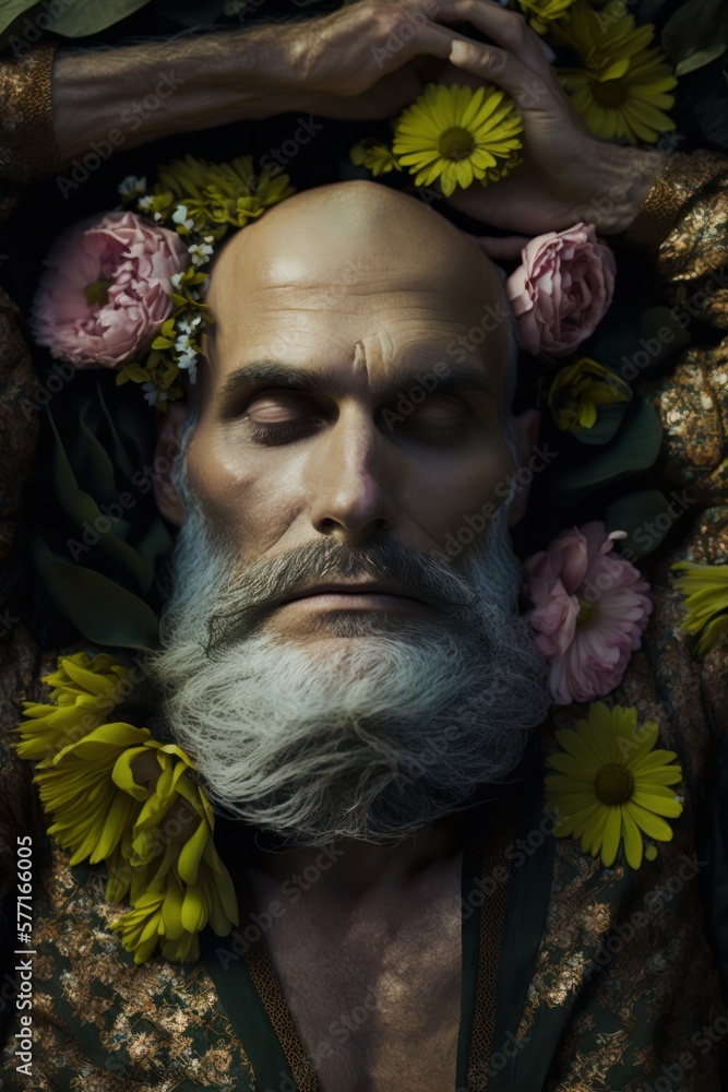 Overhead portrait of bearded man lying down with eyes closed surrounded ...