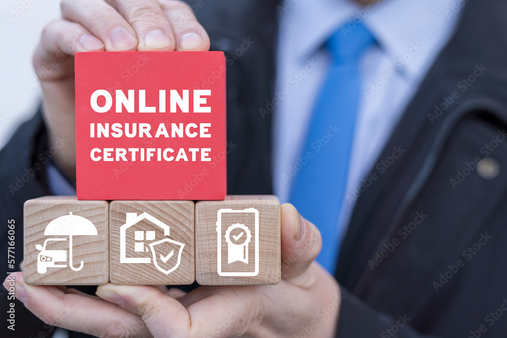 Insurer holding colorful blocks with icons and inscription: ONLINE ...