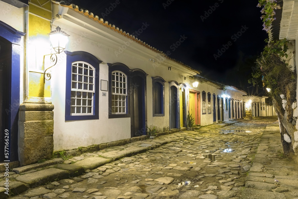 Paraty, Brazil. Street in historic downtown at night. Colonial period ...