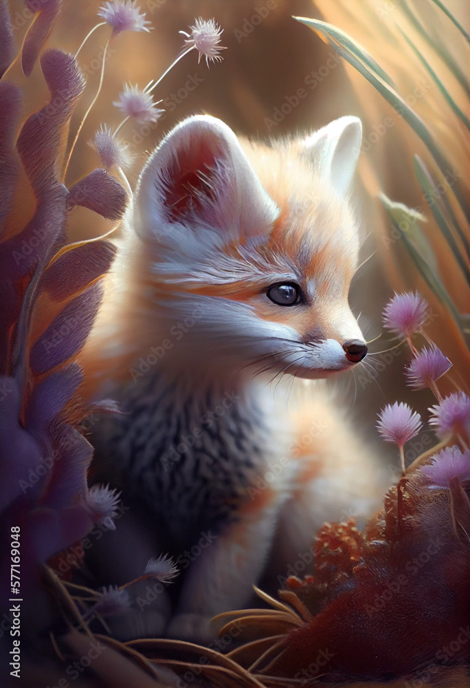 Adorable Dream Baby Fox Cub in Whimsical Fairytale Landscape Surrounded ...