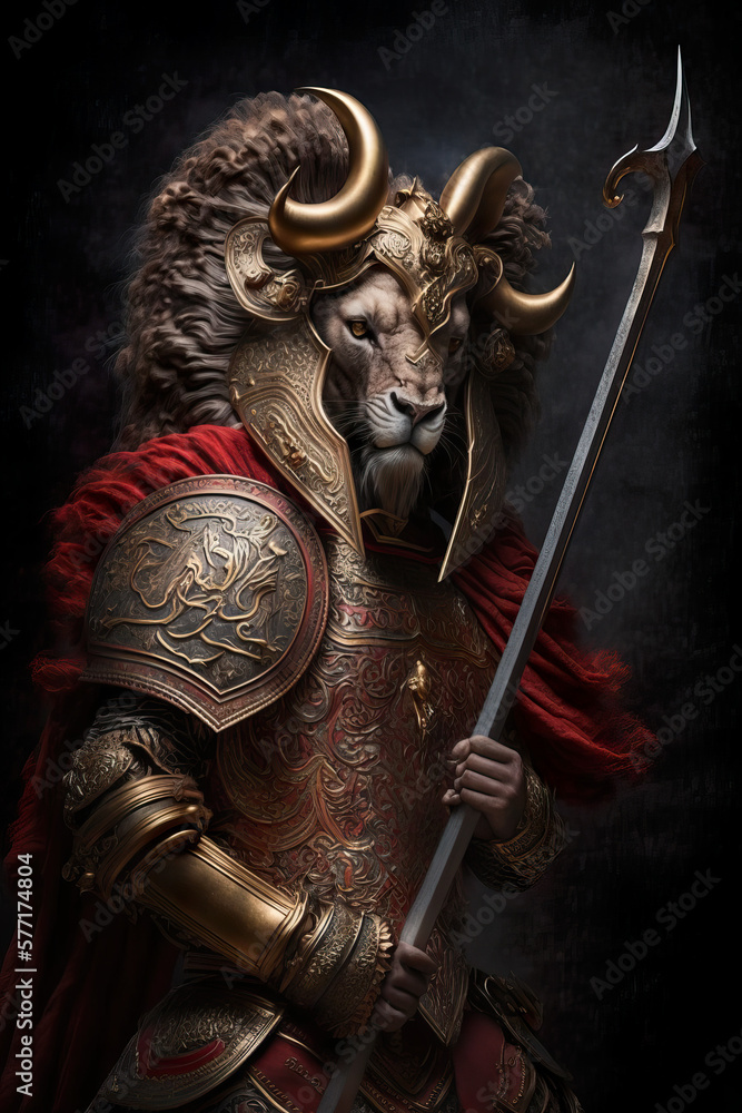 Ram Horned Warrior: A Fierce Aries with a Spear and Helmet Generative ...