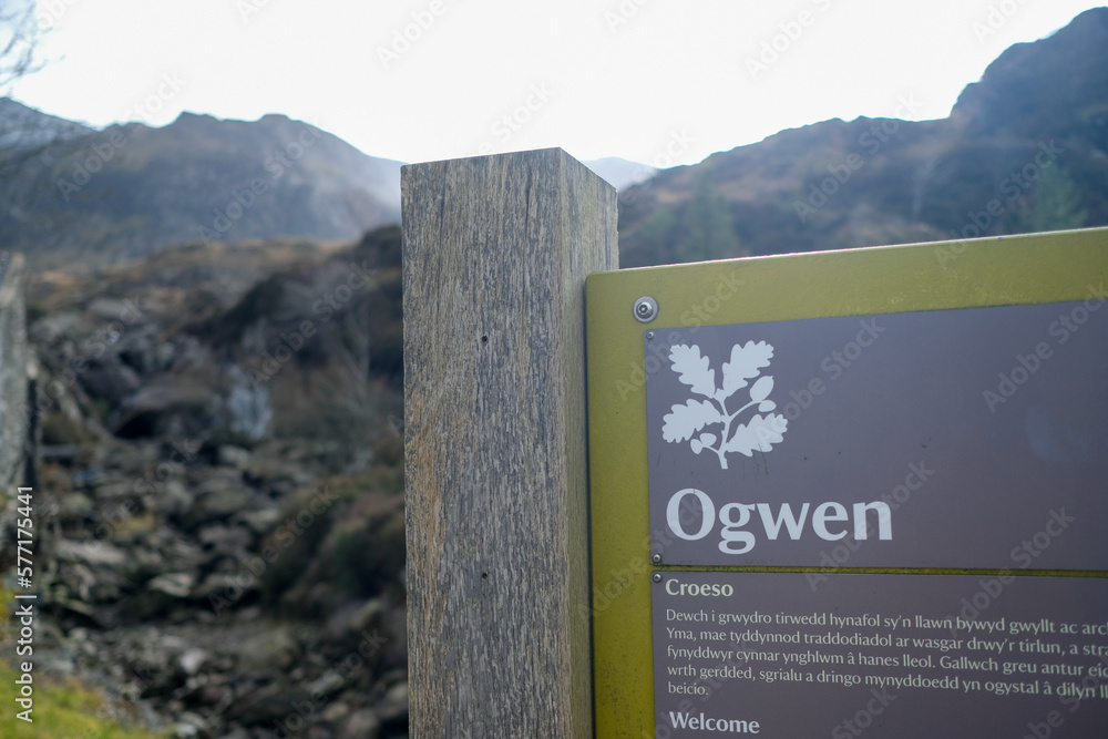 Snowdonia, Wales- National Trust sign at the Cwm Idwal visitor Centre ...