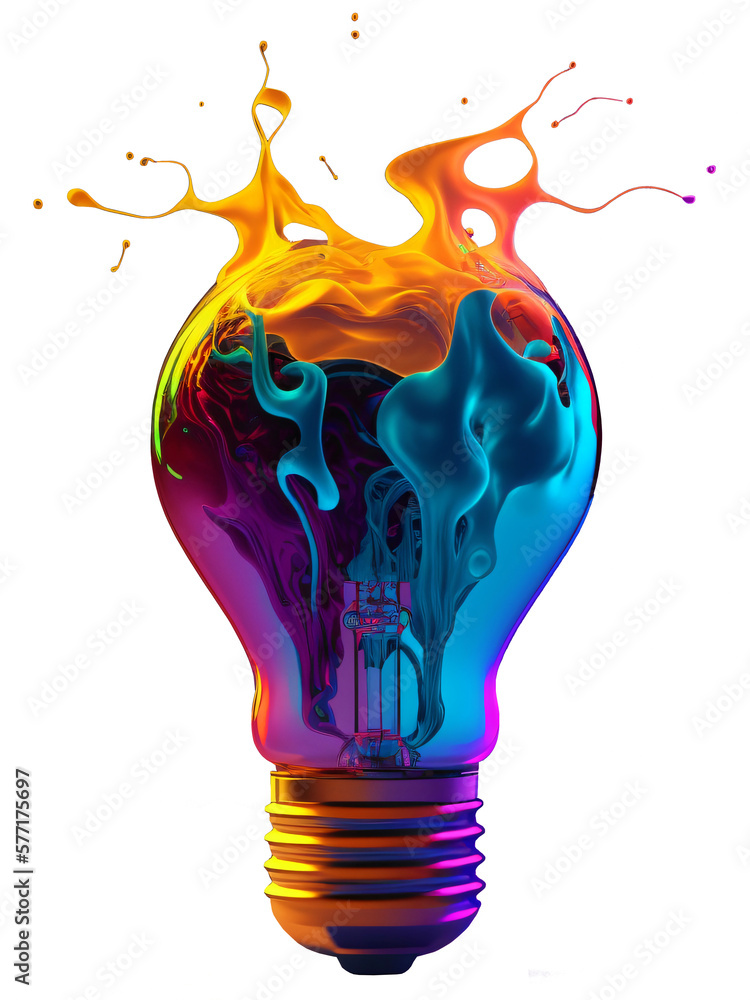 a colorful glowing 3d idea bulb lamp, isolated design element on transparent background ...