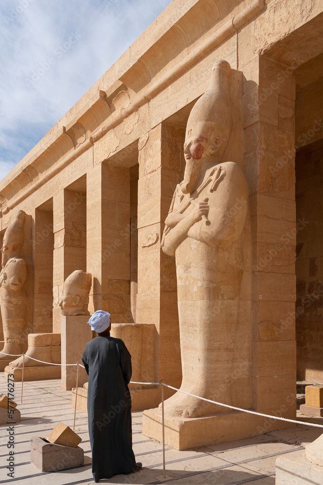 Hatshepsut Pharaoh temple architecture and Arabian man, Egypt. Stock ...