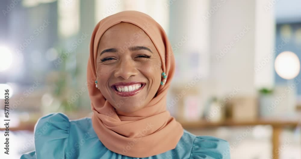 Face of muslim business woman in office planning, happy career and ...