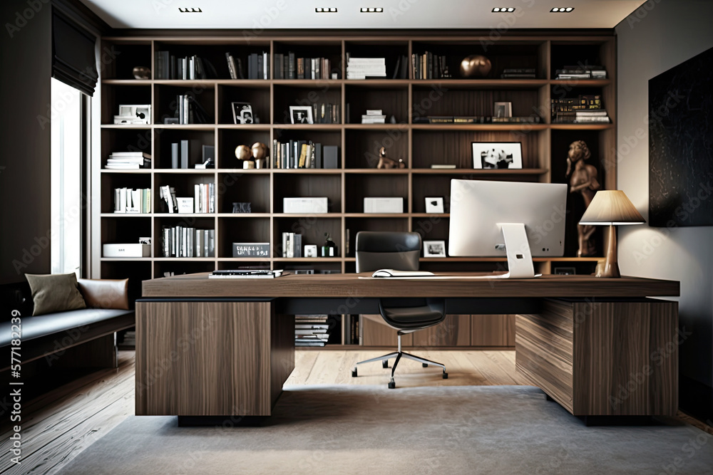 Large office with wooden bookshelf covered walls, and large wooden desk ...