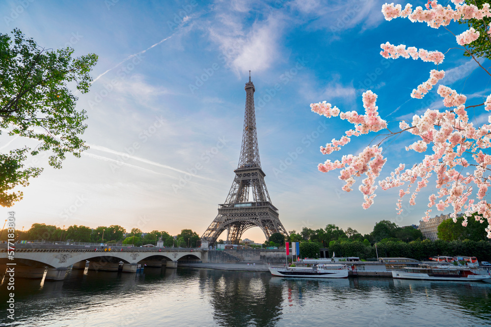 Paris Eiffel Tower and river Seine with sunrise in Paris, France ...