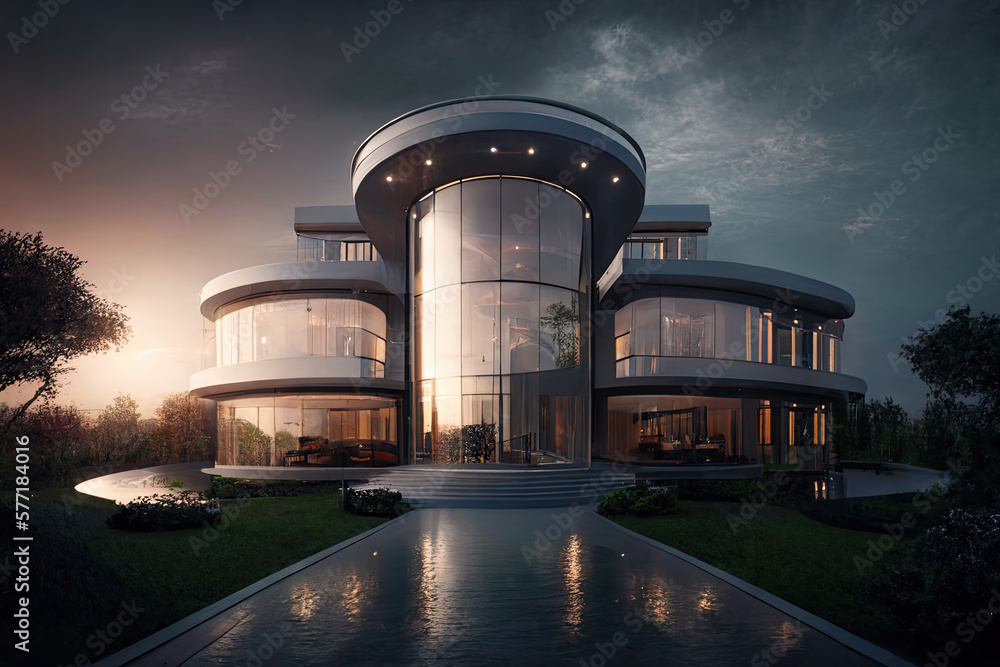 Large luxurious ultra modern villa, large glass windows, water feature ...