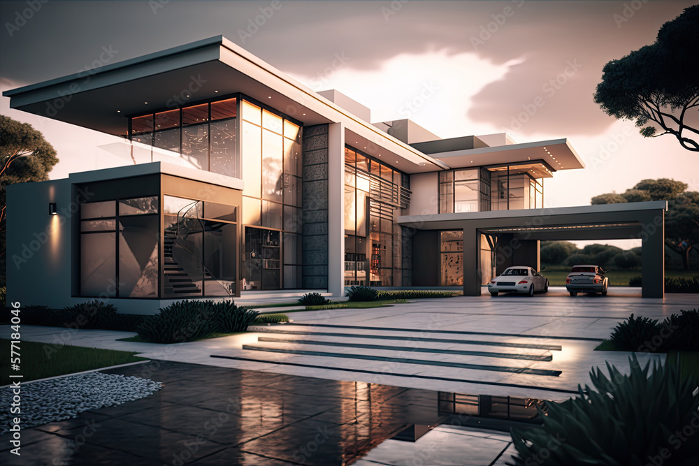Large luxurious ultra modern villa, large glass windows, evening shot ...