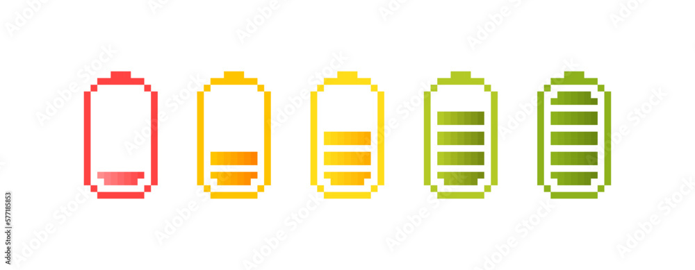 Battery charging process. Different Battery charge level. Set of pixel ...