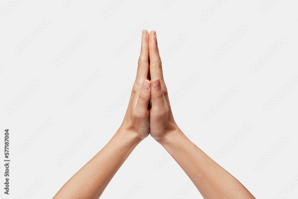 Praying hands with faith in religion and belief in God on a white ...