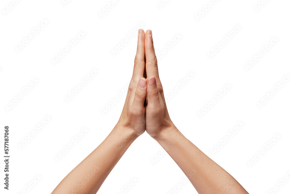 Praying hands with faith in religion and belief in God on a white ...