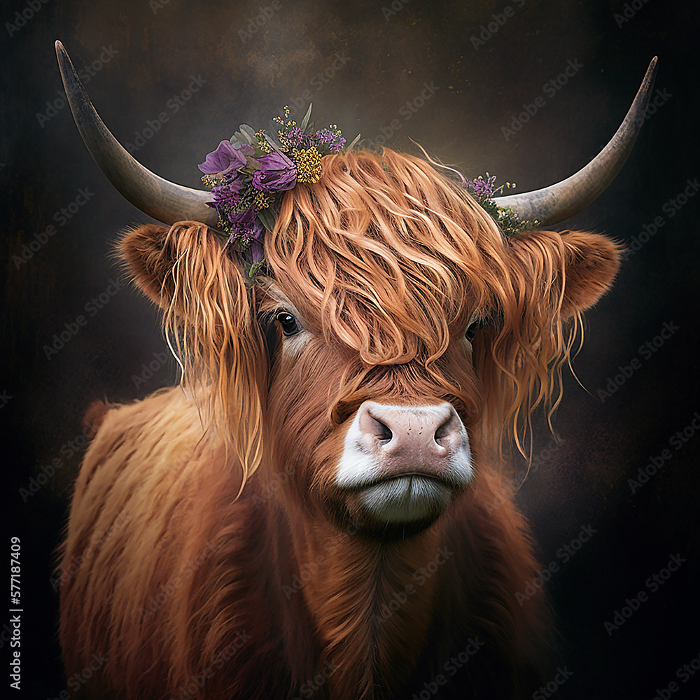 Scottish highland cow. Beautiful highland cow with flowers on her head ...