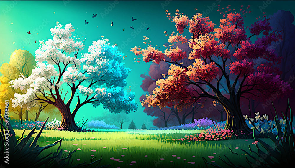 Blooming spring trees illustration. Horizontal digital painting. Spring ...
