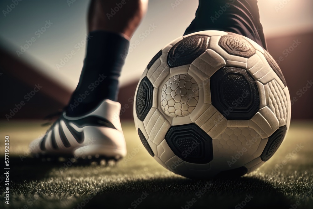 Feet of soccer player tread on soccer ball for kick-off in the stadium ...