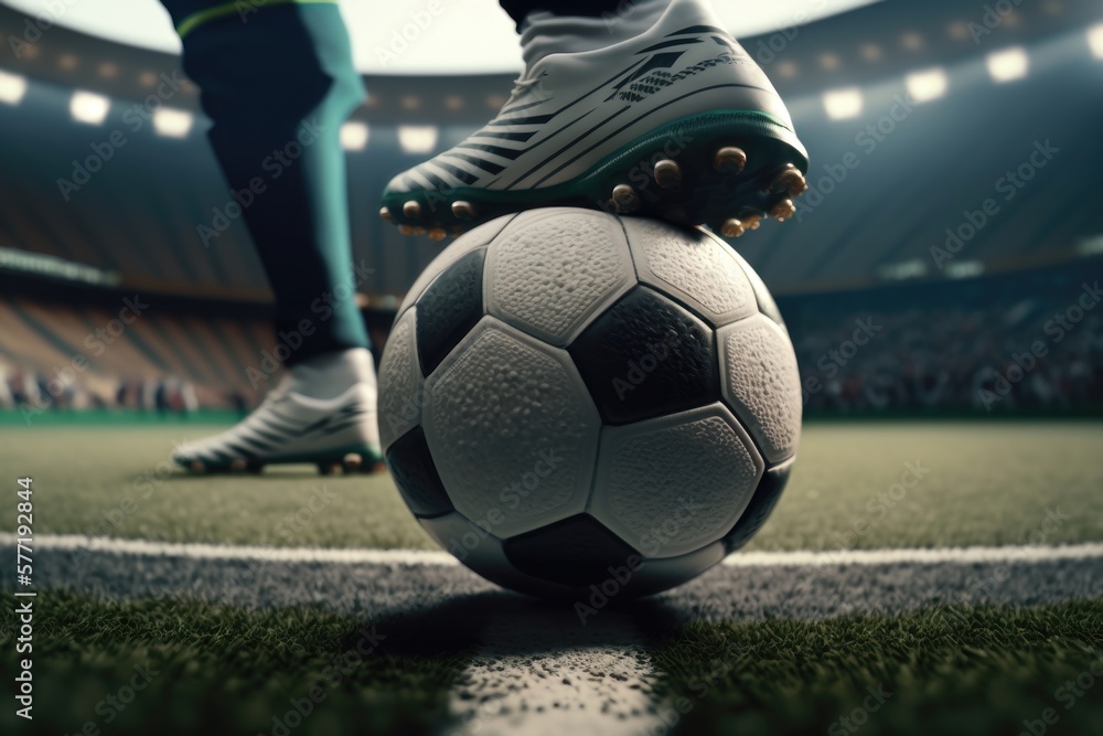 Feet of soccer player tread on soccer ball for kick-off in the stadium ...