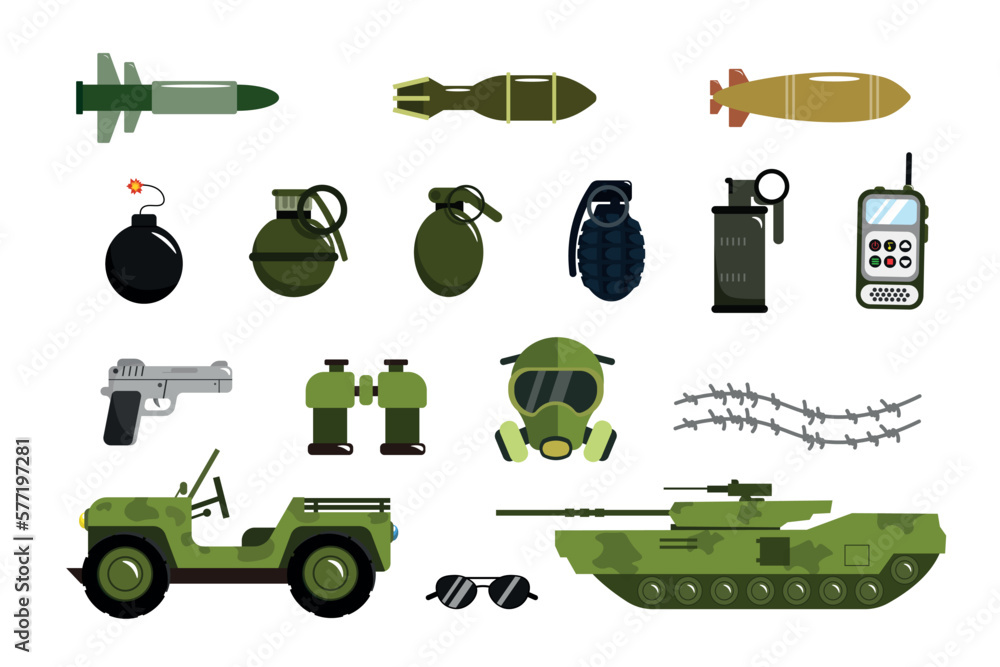 Set of various types of military weapons and equipment in a cartoon ...