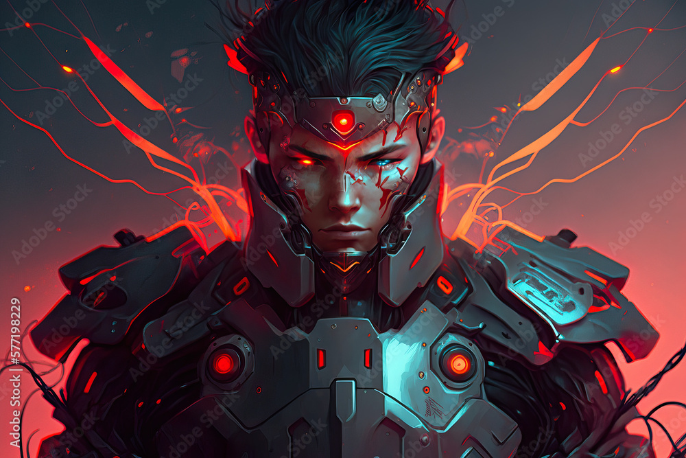 Glowing-eyed cyborg with plasma cannon in futuristic setting. AI ...