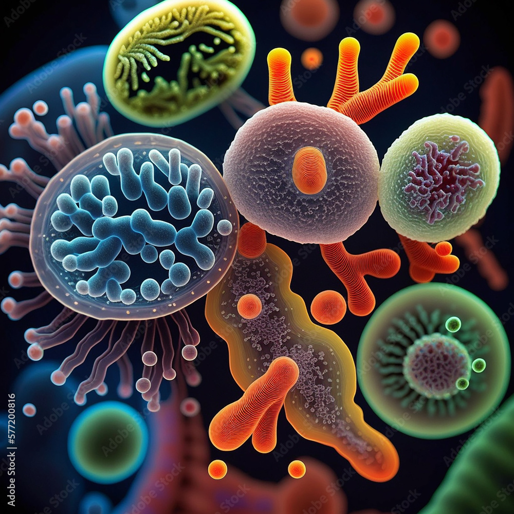 Illustration of bacteria of various types, shapes and colors under a microscope close-up on ...