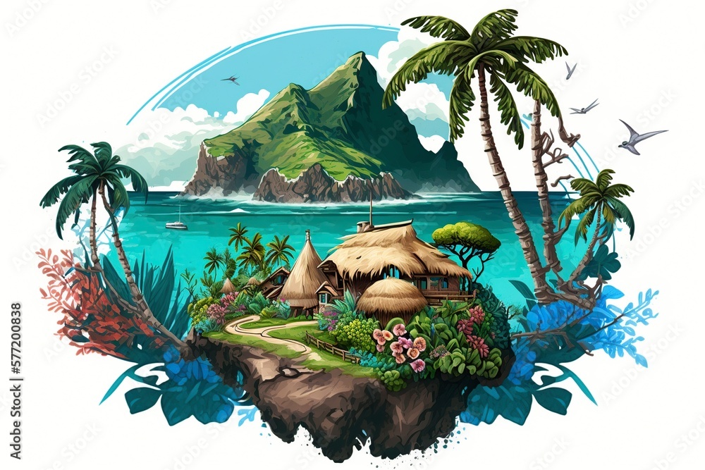 cartoon illustration, of a tropical island fringed with palm trees with ...