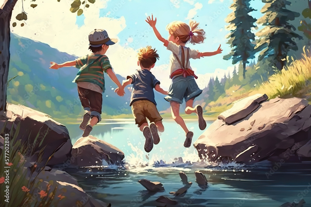 Children play happily on a river, cartoon illustration, generative ai ...