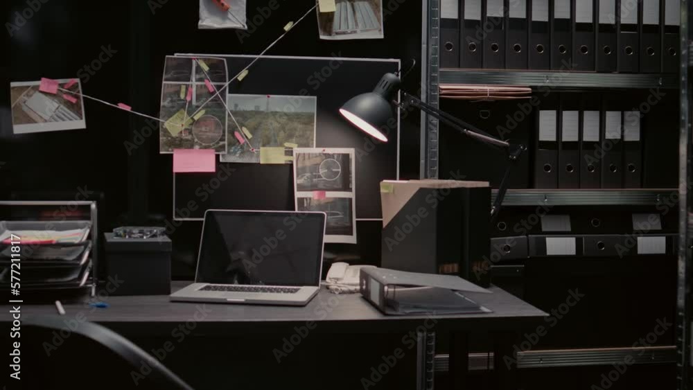 Evidence board with case files or investigation clues on police archive ...