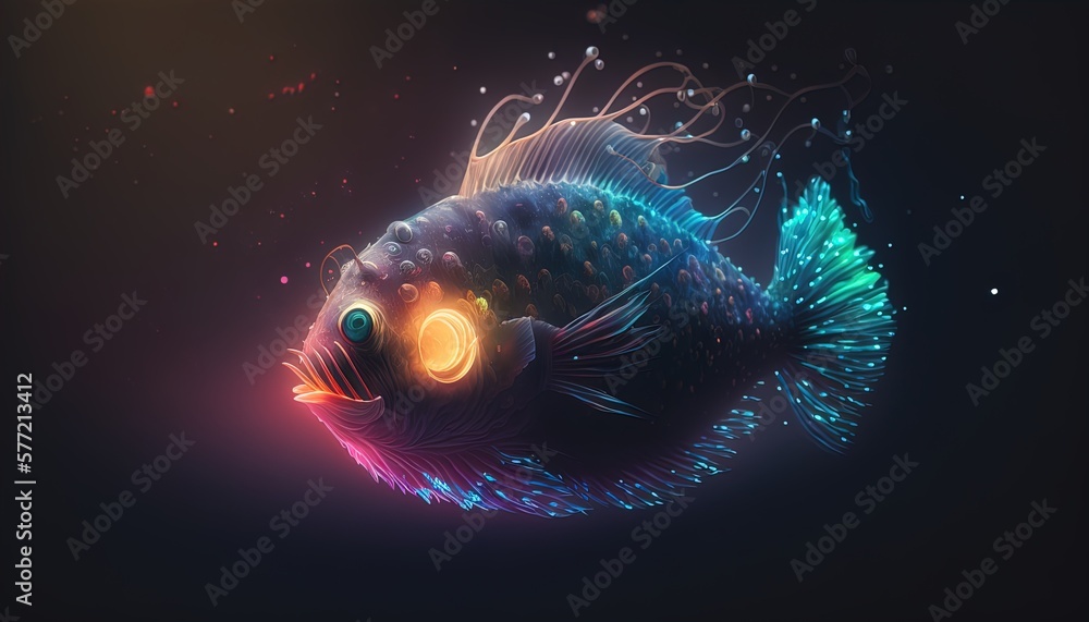 Anglerfish or Frogfish, deep sea monster neon glowing, phantasmal ...