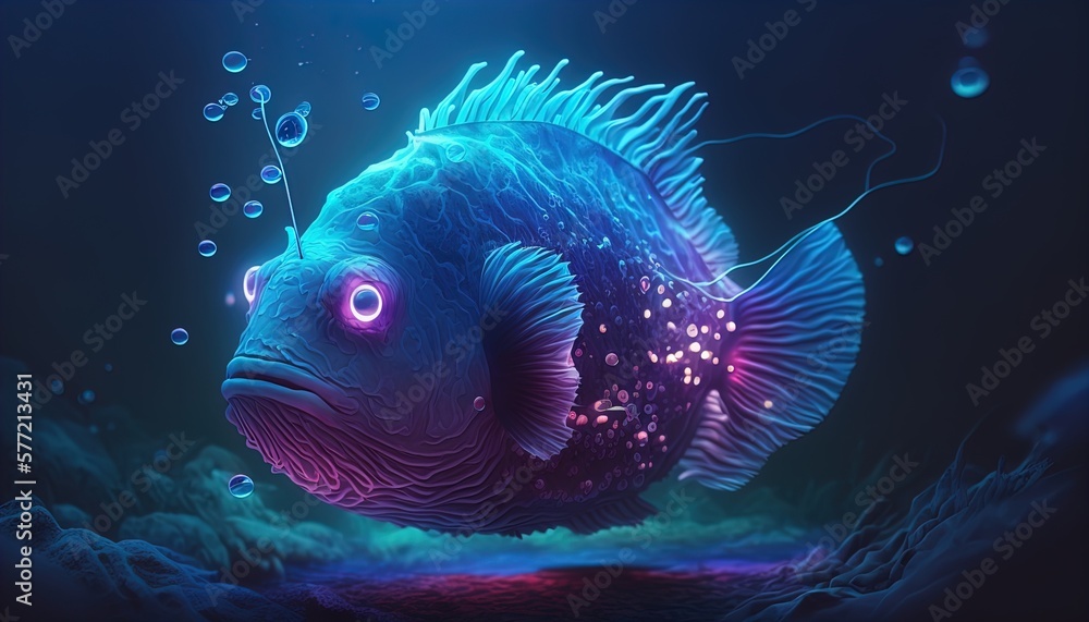 Anglerfish or Frogfish, deep sea monster neon glowing, phantasmal ...