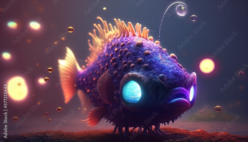 Anglerfish or Frogfish, deep sea monster neon glowing, phantasmal ...