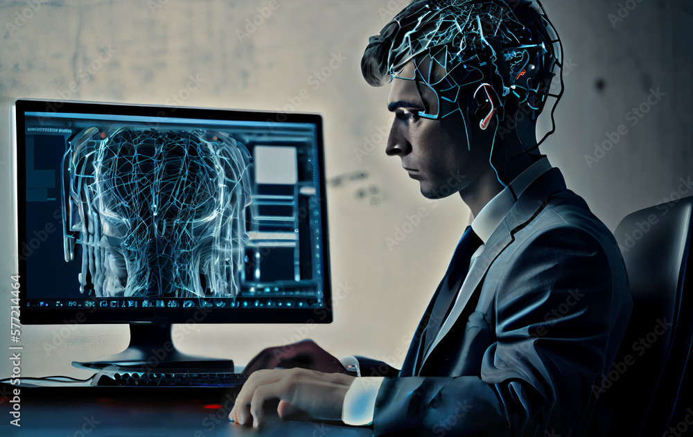 Implantable brain–computer interface illustrated with man connected to ...