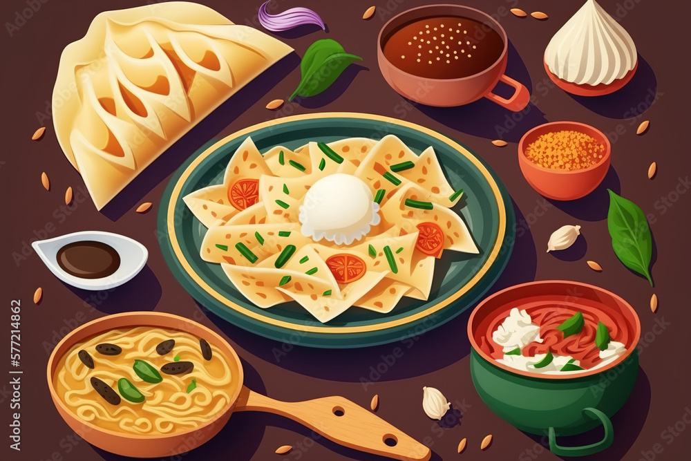 Uzbek and Central Asia cuisine concept. Assorted Uzbek food pilaf samsa ...