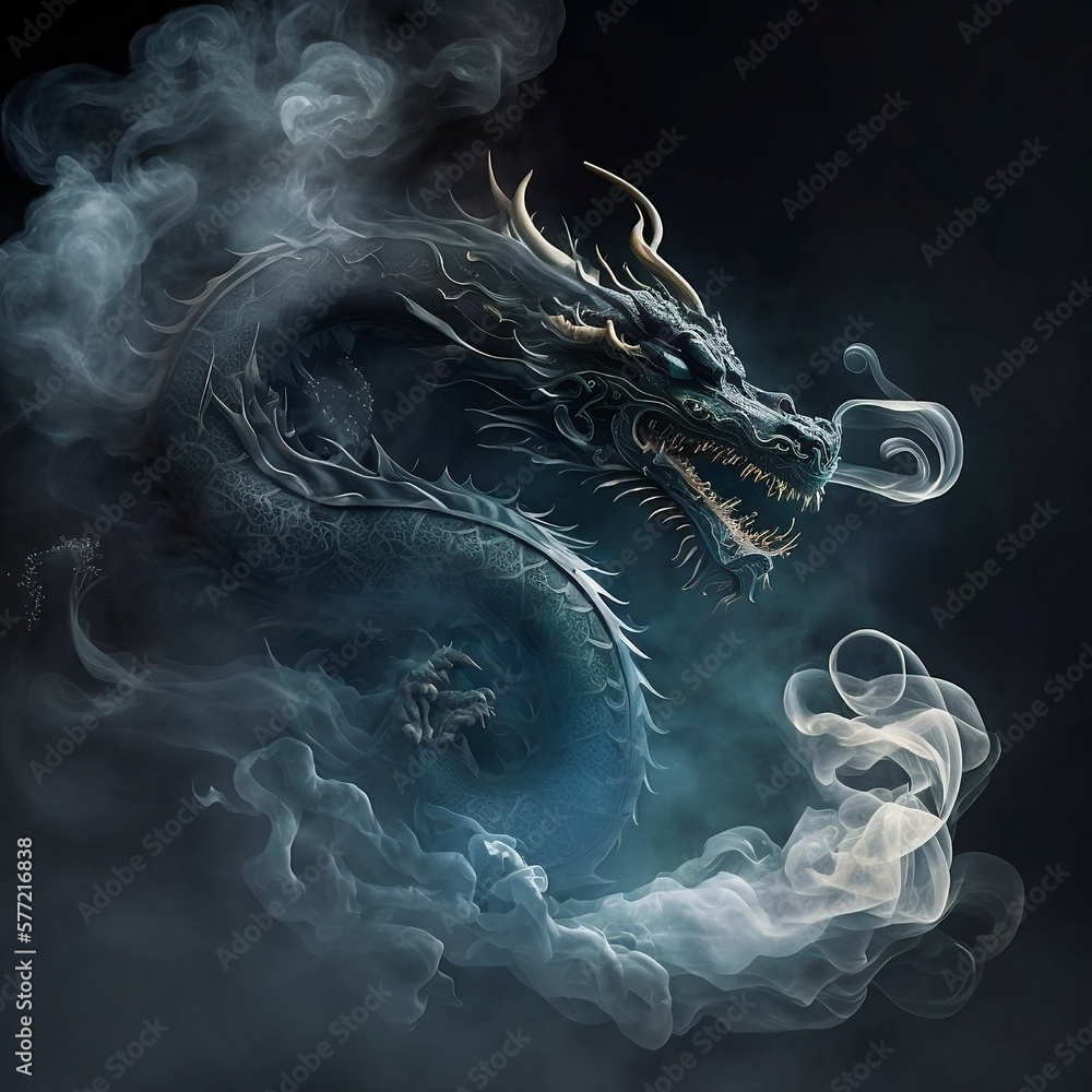 Dragon in smoke. Smoke and Fire. Dragon with smoke on a dark background ...