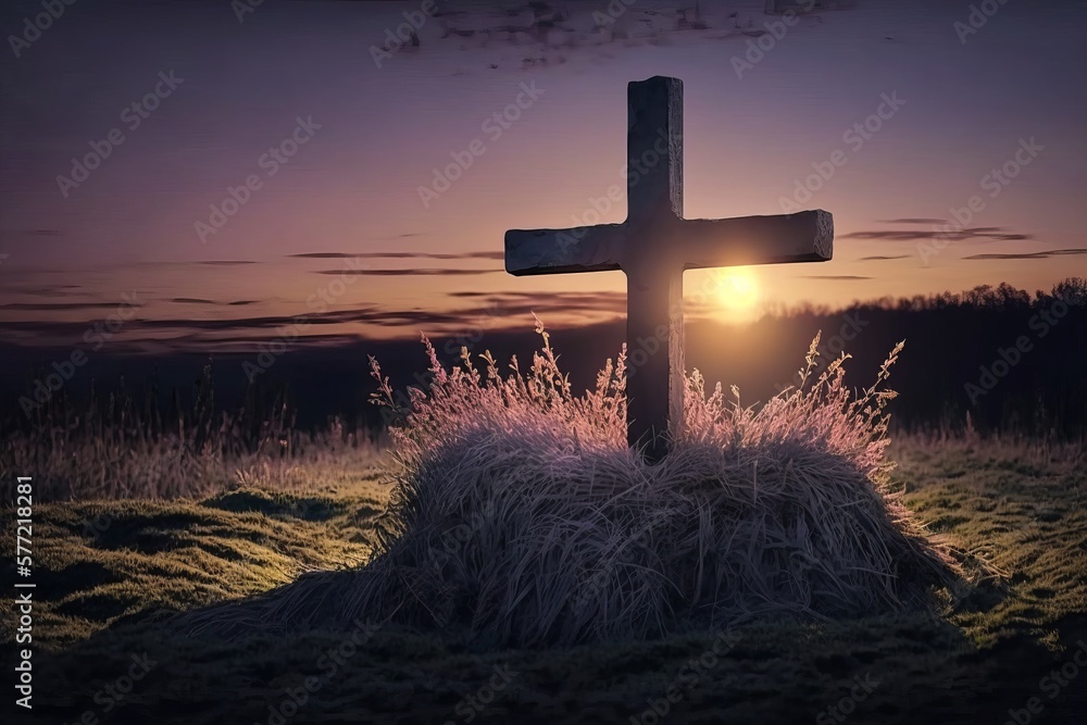 The holy cross of Jesus Christ on the grass with a strong light in the ...