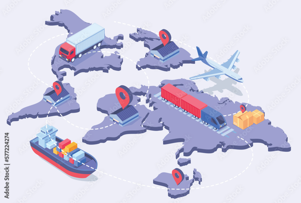 Global logistics isometric. Ship, truck and plane, train and warehouse ...