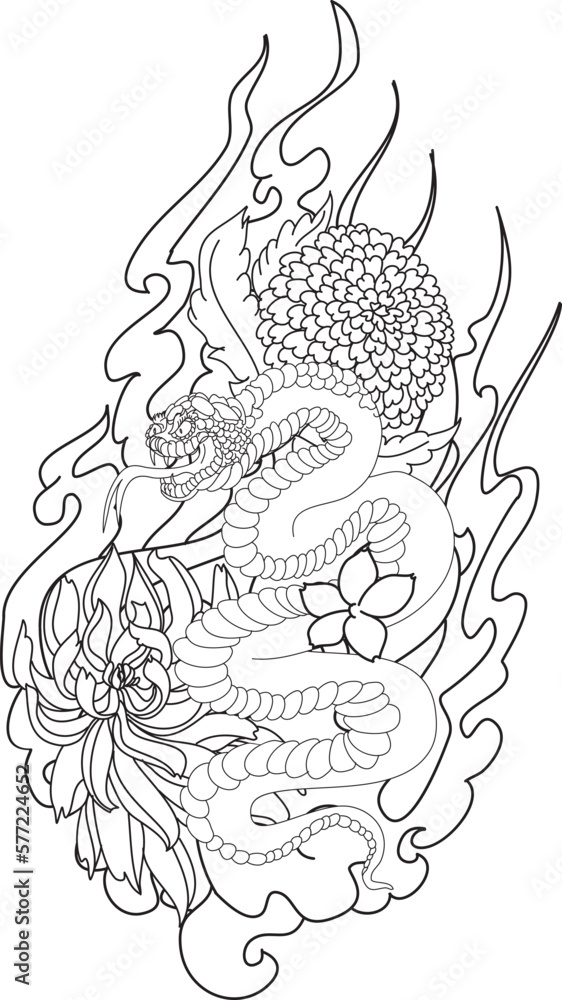black and white Japanese snake cobra with chrysanthemum flower design ...