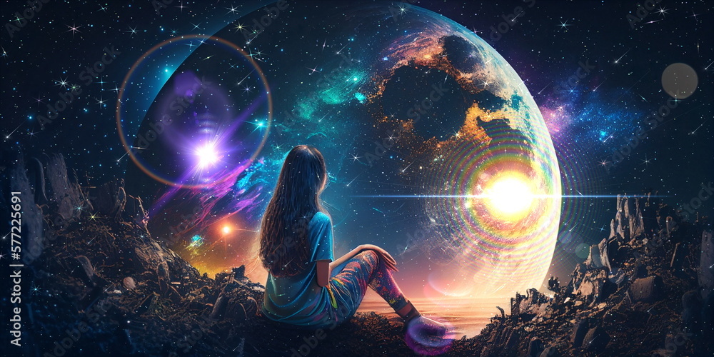young woman sit on earth and watch big moon on space night starry sky ...