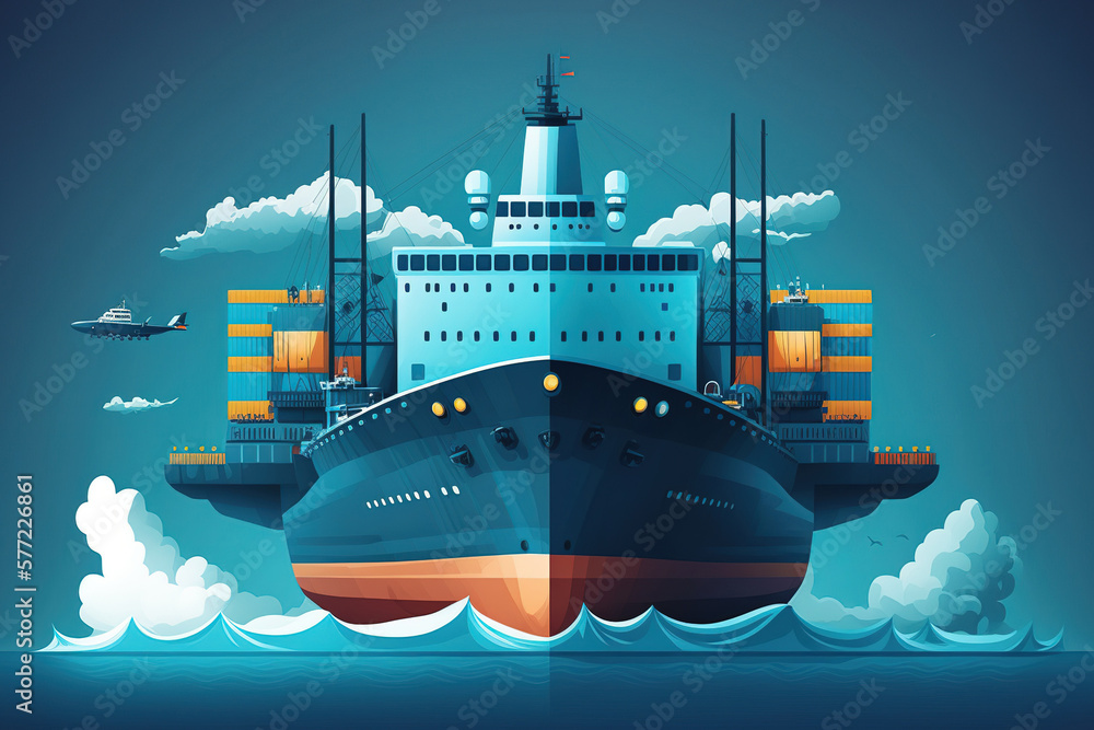 Large blue merchant cargo ship in the middle of the ocean, front view ...