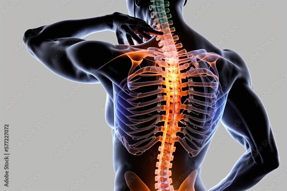 Representation of the human spine, rendered, and ribs. Ai generated ...