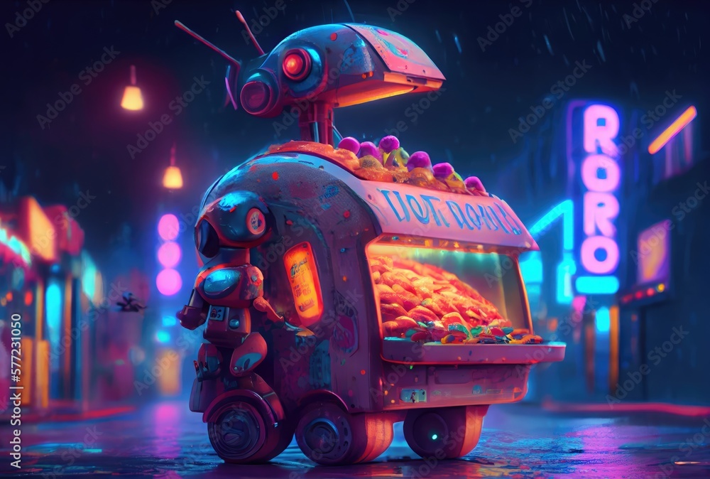 Mobile robot fast food vending machine stall kiosk and restaurant shop on modern background ...